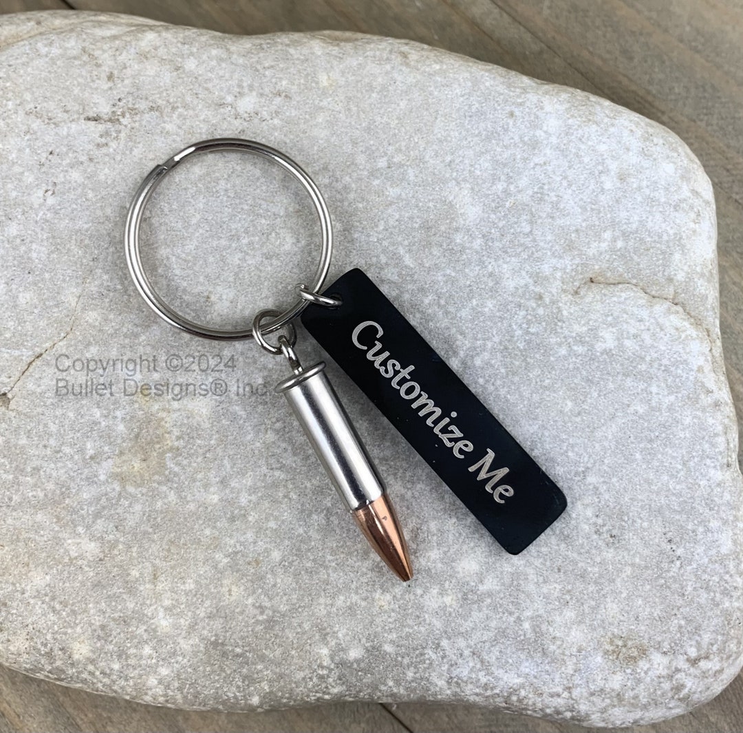 Custom Engraved Real Fired 22 Bullet & Black Tag Keychain, Nickel ...