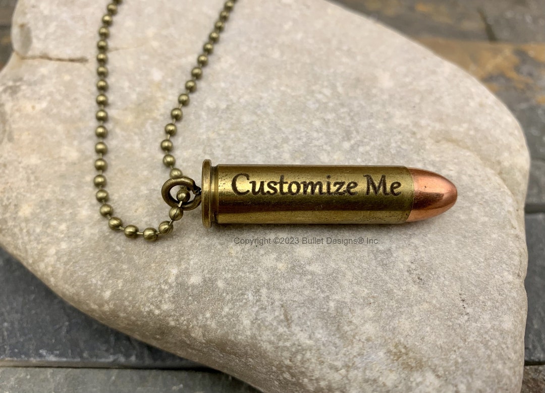Custom Engraved Bullet Necklace, Dark Engraving, Antique Brass, 357 Mag ...