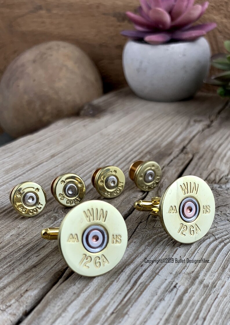 Bullet Tuxedo Studs and Shotgun Cufflinks Set BRASS, 12 or 20 Gauge ...