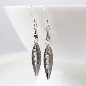 Pearl Pea Pod Earrings, Sterling Silver, White Pearl Earrings, Garden ...