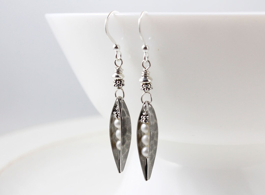 Pearl Pea Pod Earrings, Sterling Silver, White Pearl Earrings, Garden ...