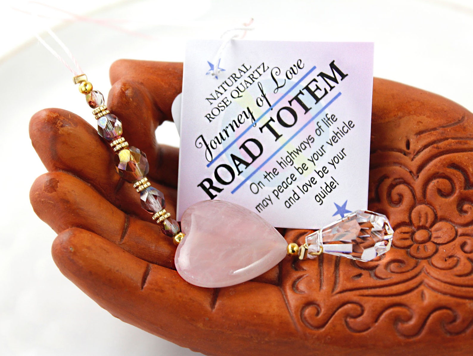 Rose Quartz Heart Car Charm, Rear View Mirror Crystal, Road Totem ...