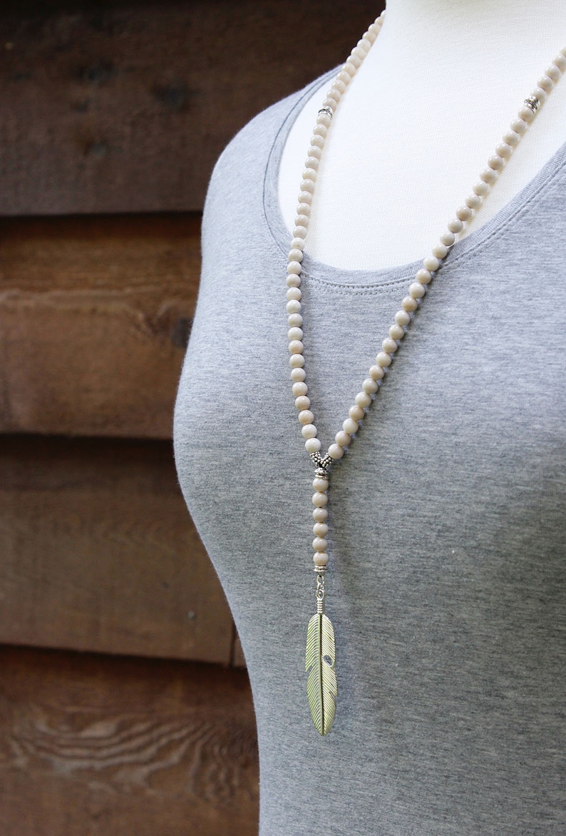 Feather Necklace Cream Jasper Mala Silver Feather White | Etsy