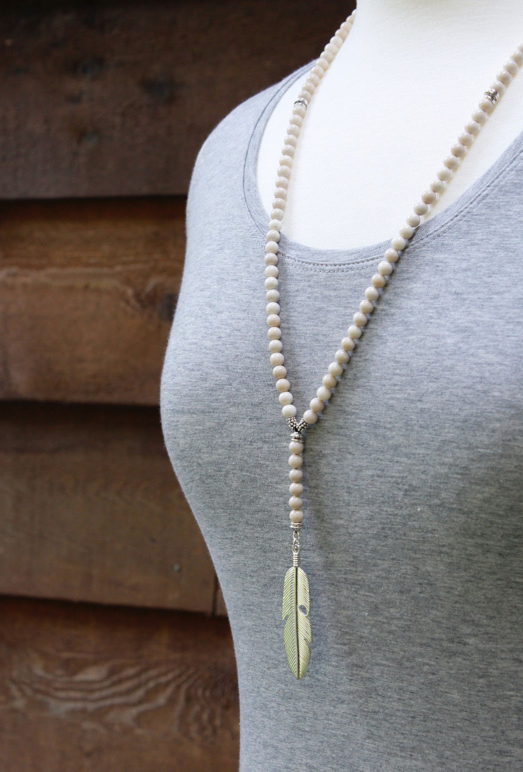 Feather Necklace Cream Jasper Mala Silver Feather White | Etsy