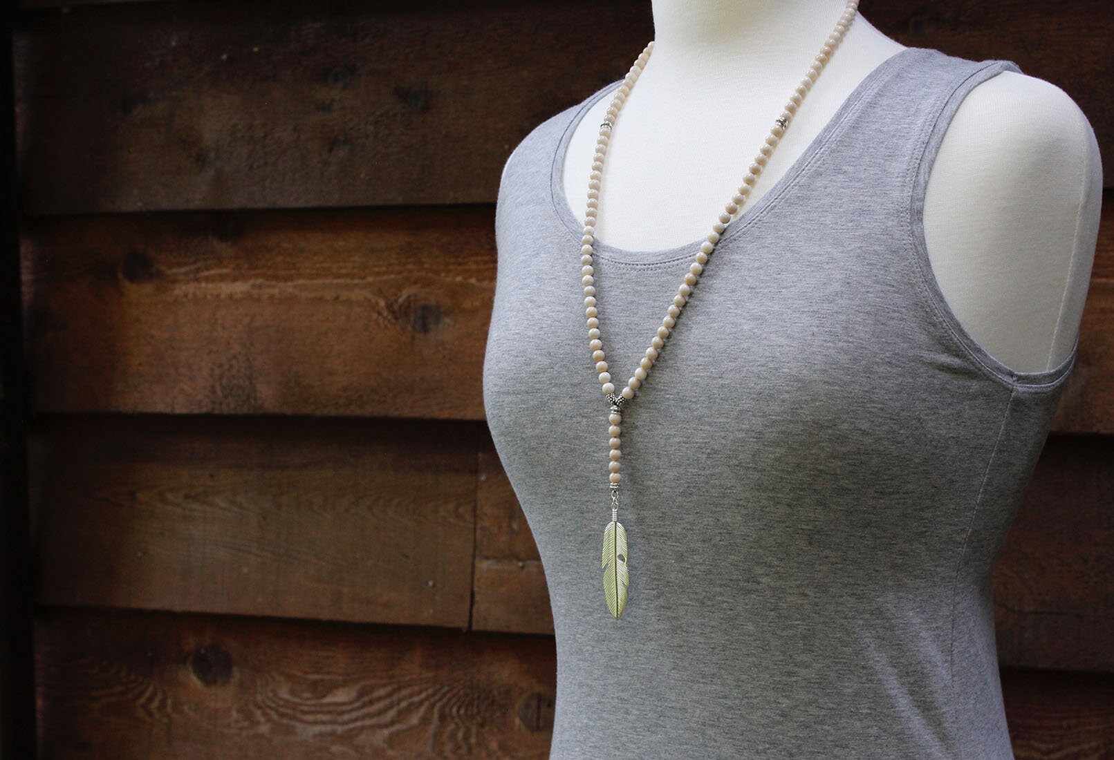 Feather Necklace Cream Jasper Mala Silver Feather White | Etsy