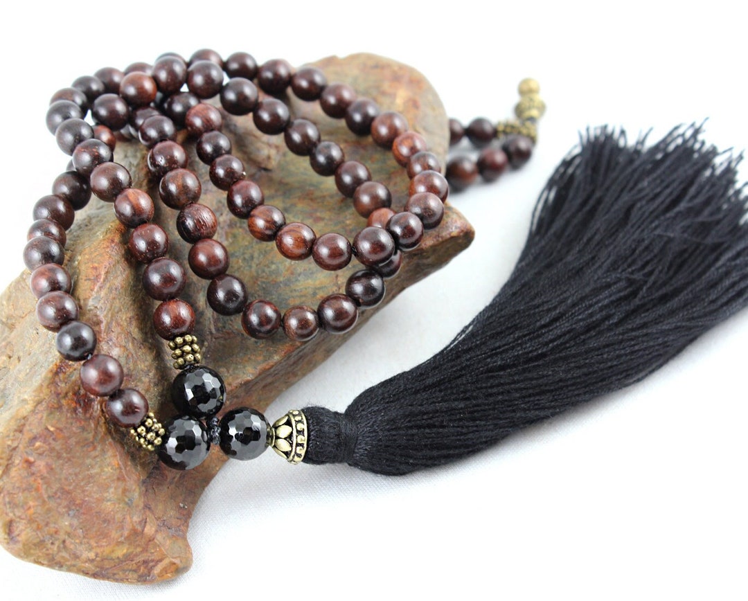 Black Tourmaline and Rosewood Mala Beads, Wood Bead Tassel Necklace ...
