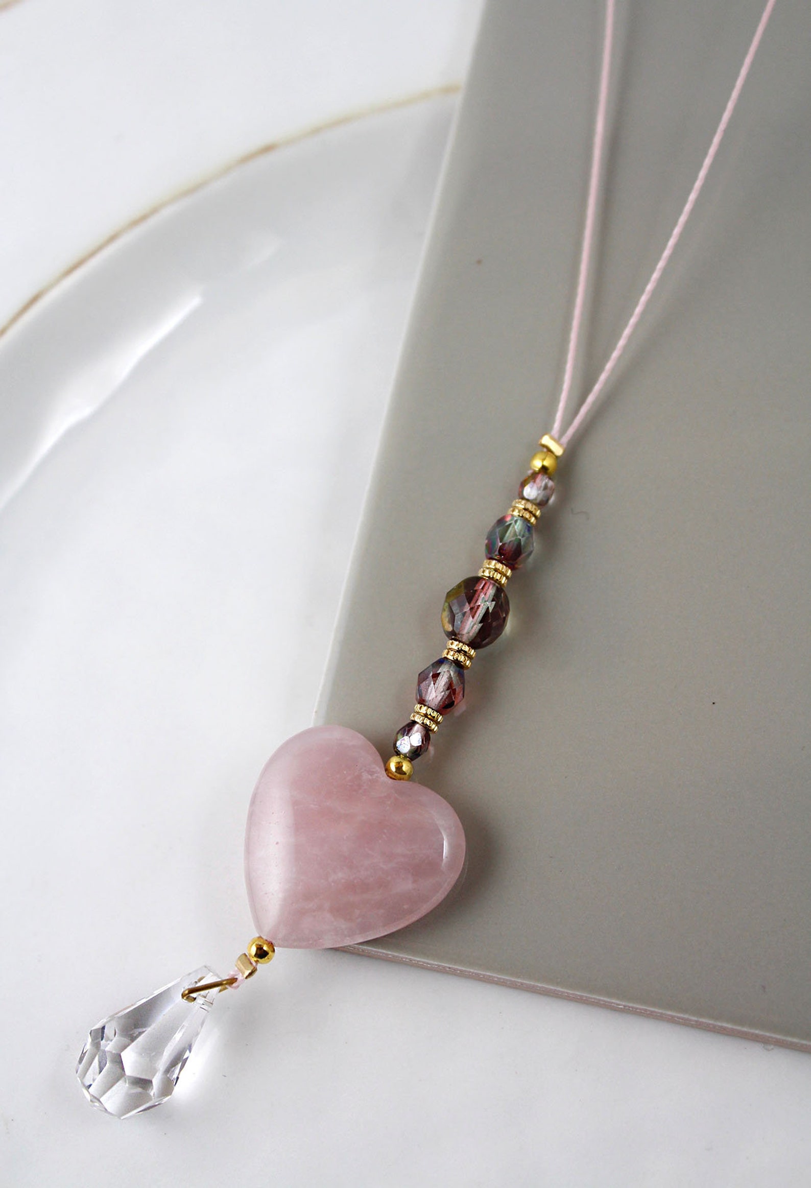 Rose Quartz Heart Car Charm, Rear View Mirror Crystal, Road Totem ...