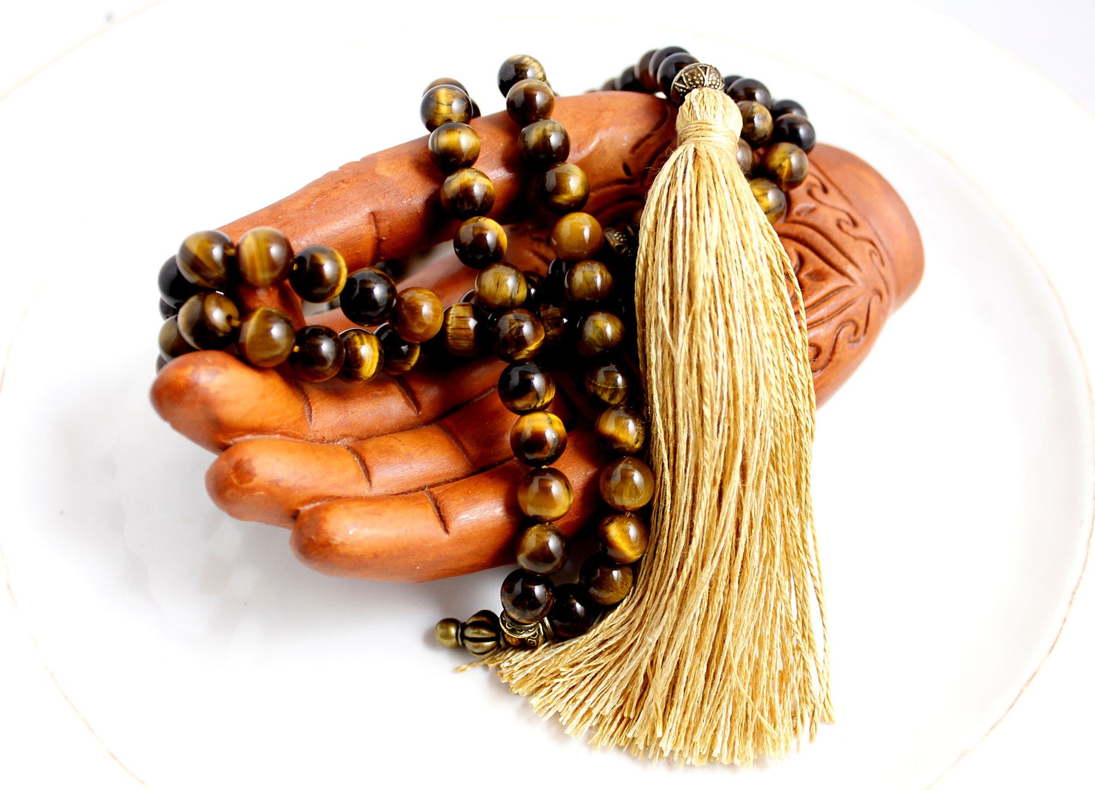 Tigers Eye Mala Necklace Gemstone Mala Tassel Necklace | Etsy