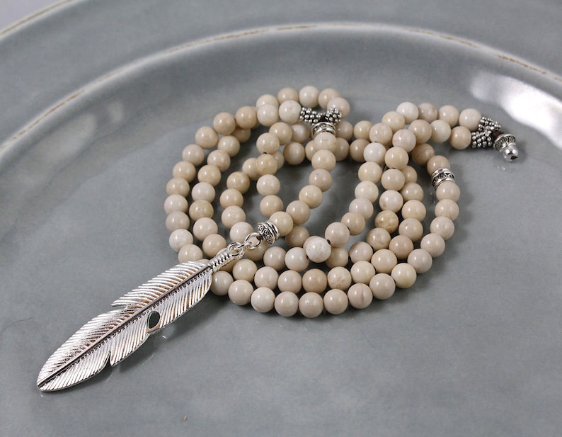 Feather Necklace Cream Jasper Mala Silver Feather White | Etsy