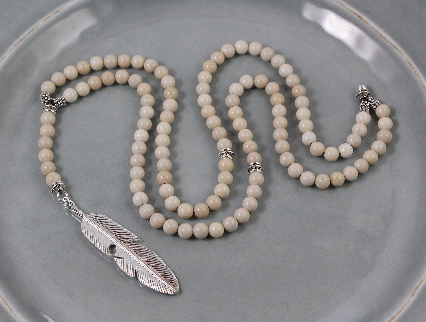 Feather Necklace Cream Jasper Mala Silver Feather White | Etsy