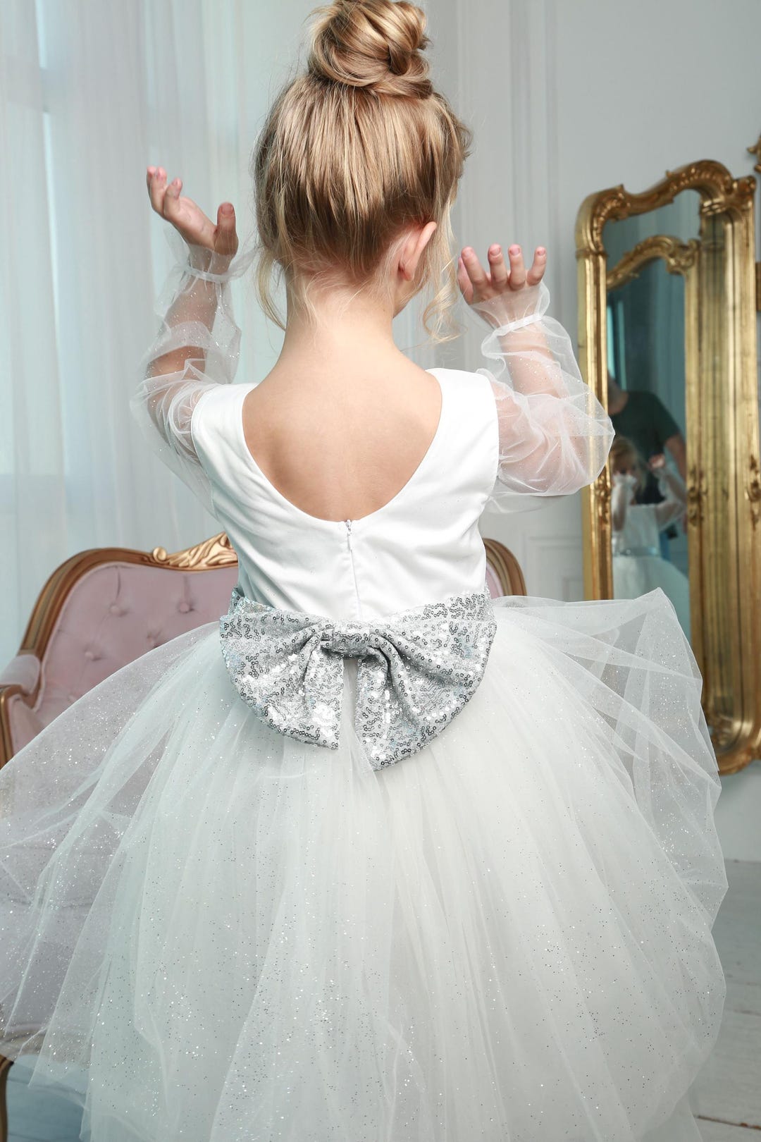 Girls White Tulle Dress With Silver Bow | Flower Girl Party Dress ...
