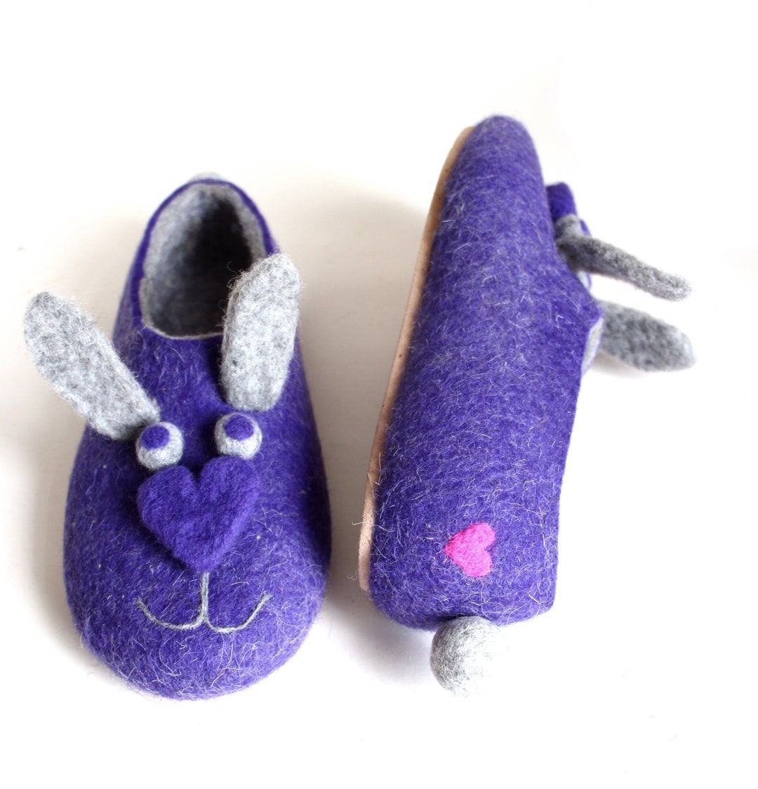 Wool Felted Bunny Slippers for Women With Hearts Warm House Shoes for ...