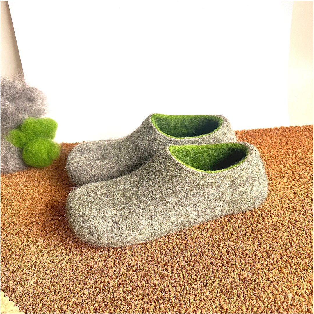 Foot Therapy Felt Wool Slippers Matcha Green Gray - Etsy