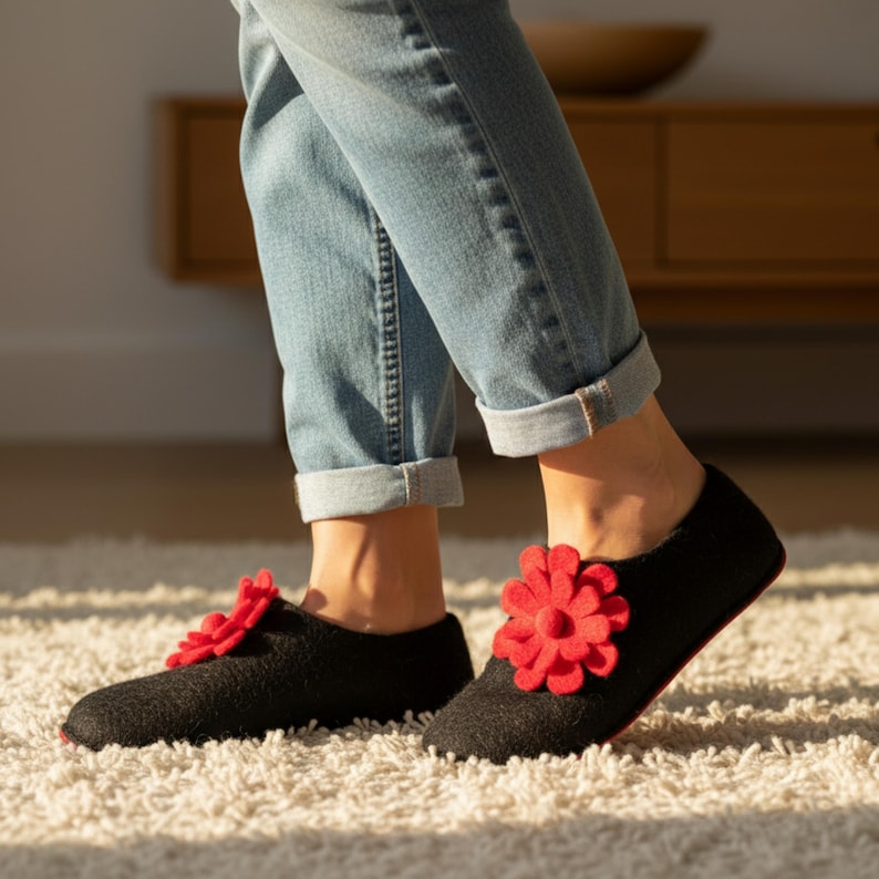 Wool Slippers Women With Felt Flowers, Romantic Coquette Aesthetic ...