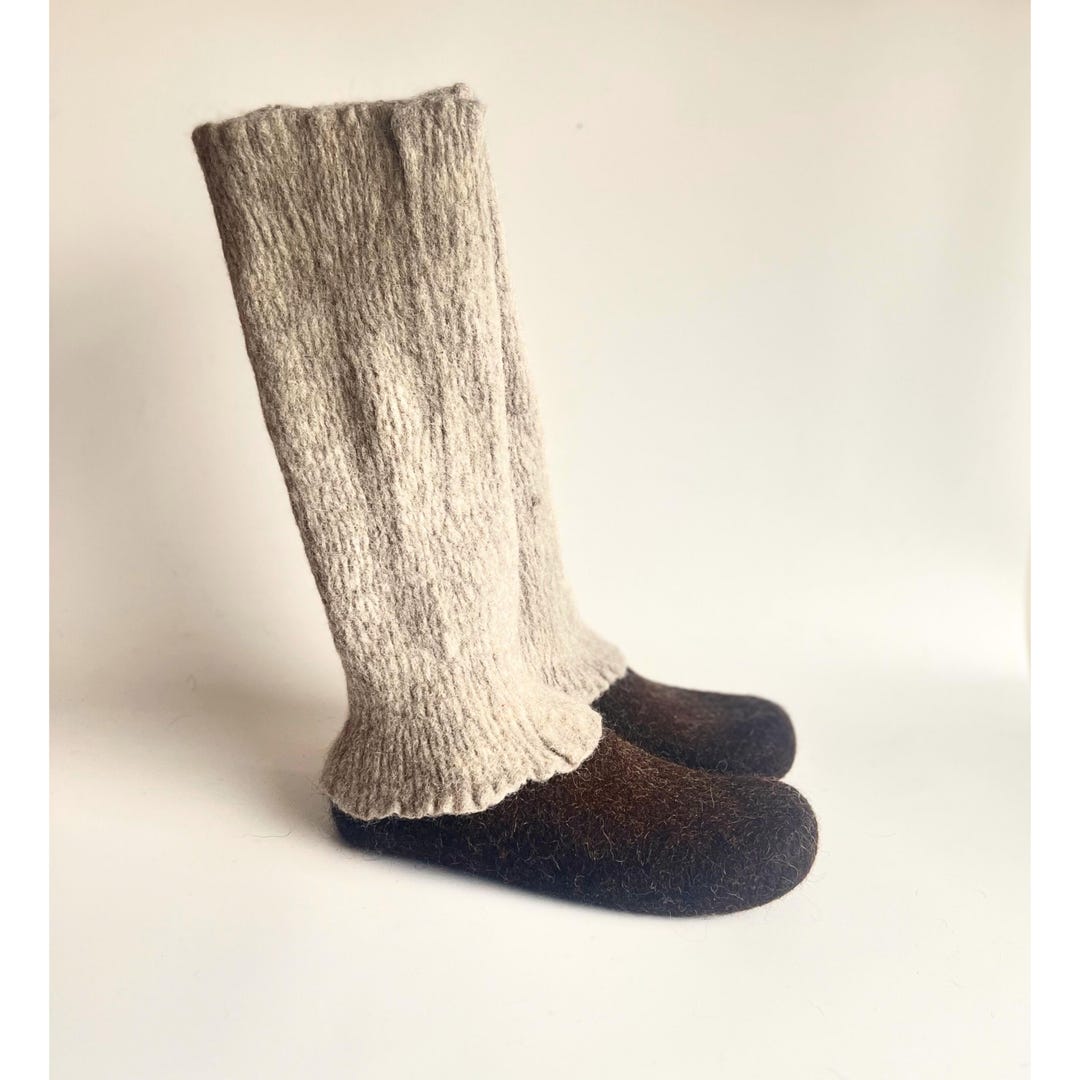 Organic Wool Felt Slipper Boots With Stretch Leg Warmers, Handmade ...