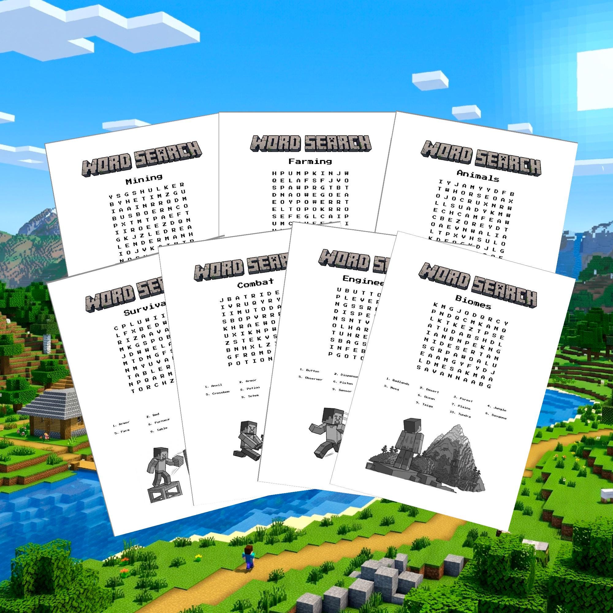 Minecraft Word Search Printable for Kids - 7 Themed Puzzles - Instant ...