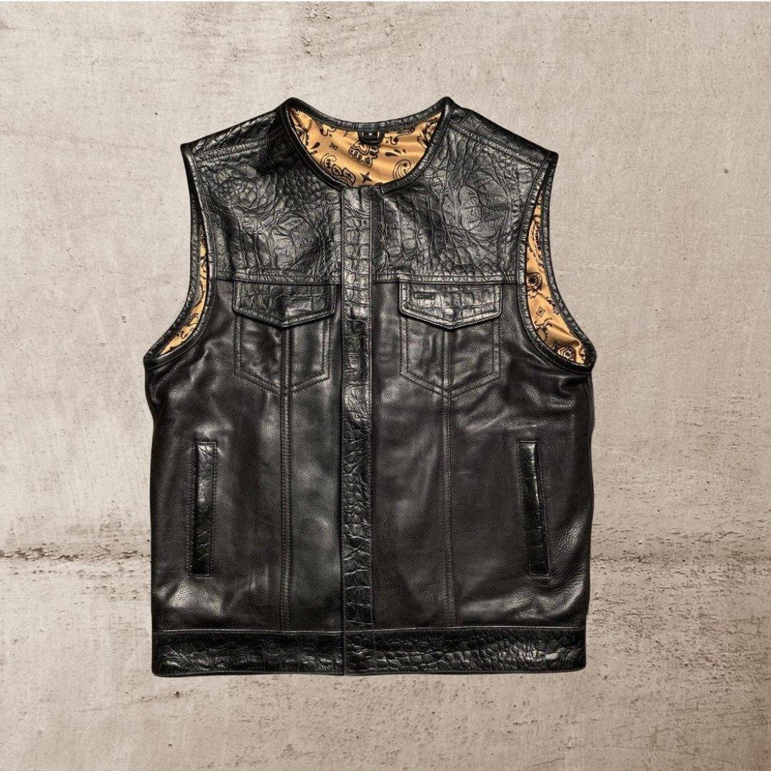Men Leather SOA Black Leather Vest Crocodile Plated Gold Paisley Men ...