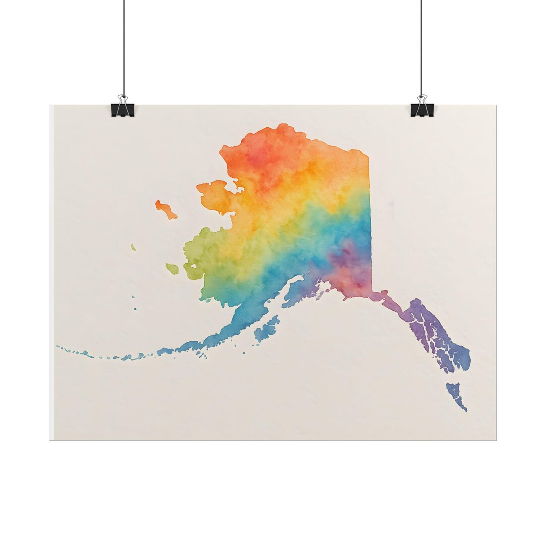 Rainbow Alaska Map Print | Watercolor Alaska Poster, Colorful State ...