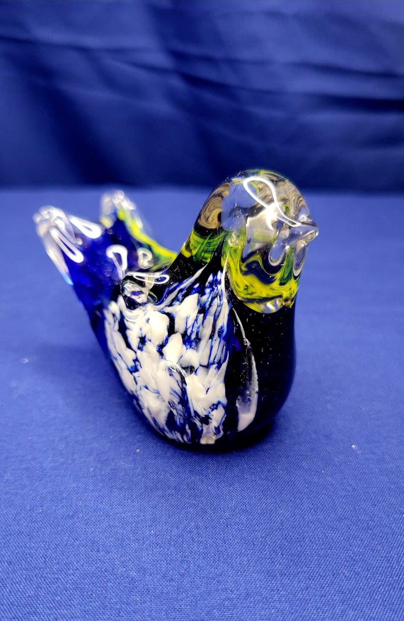 Hand-blown Swirled Art Glass Bird Figurine With Blue, Yellow & White ...