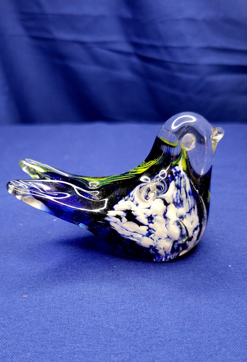 Hand-blown Swirled Art Glass Bird Figurine With Blue, Yellow & White ...