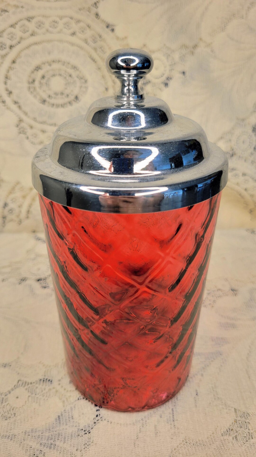 Vintage Ruby Red Glass Apothecary Jar, Diamond Pattern Silver Lid, Mid ...