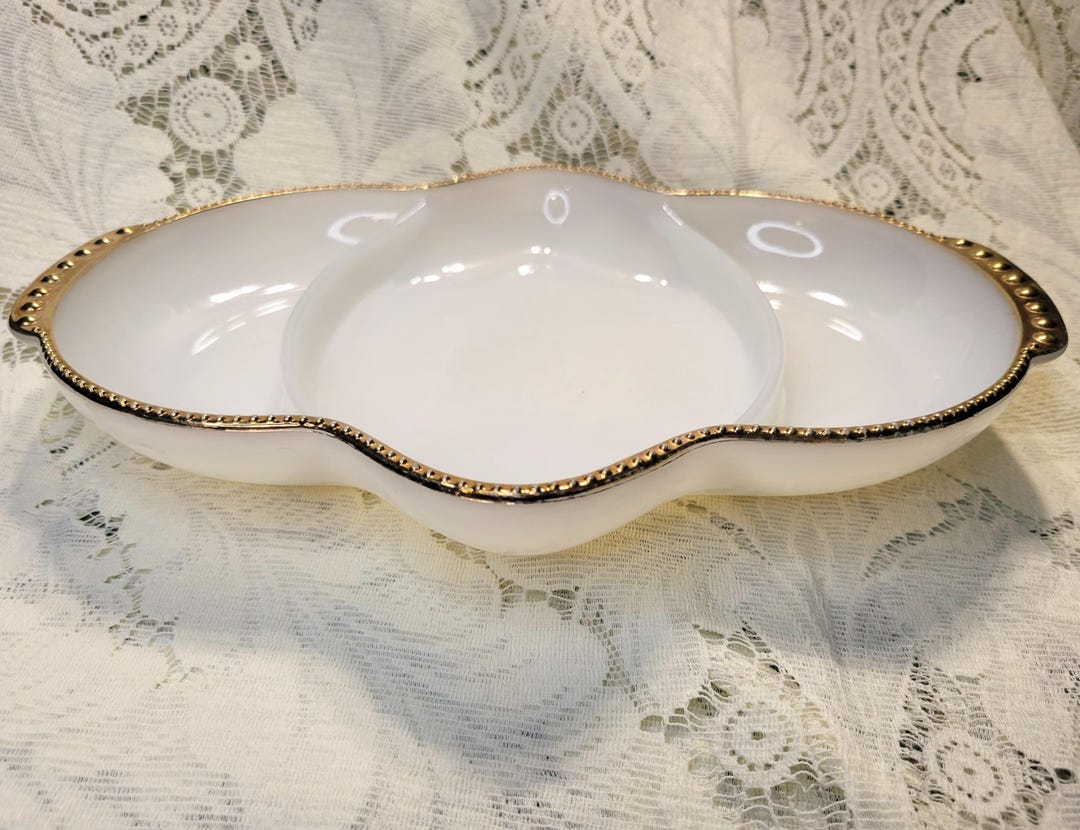 Fire-king Divided Dish, Milk Glass & Gold Trim - Etsy