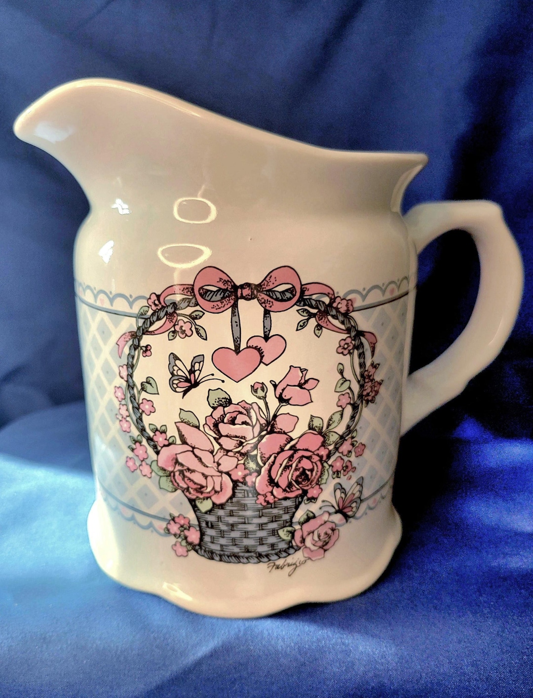 Vintage Ceramic Pitcher With Pink Roses and Blue Woven Basket, Art ...