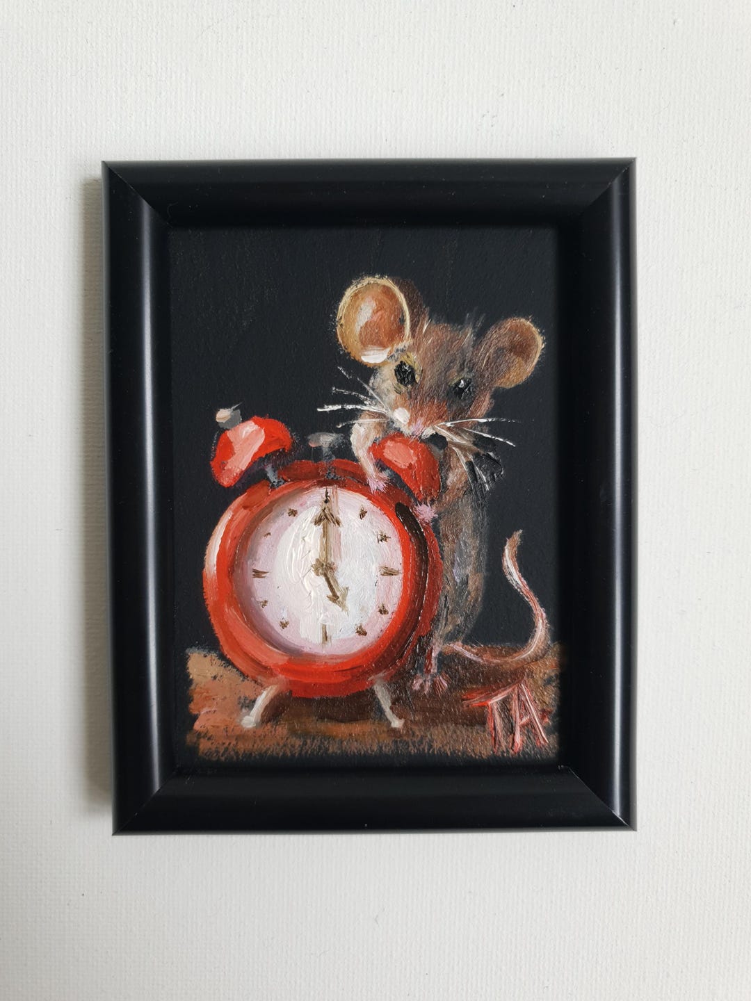 Oil Painting Mouse With Alarm Clock Miniature Art Whimsical Animal Wall ...