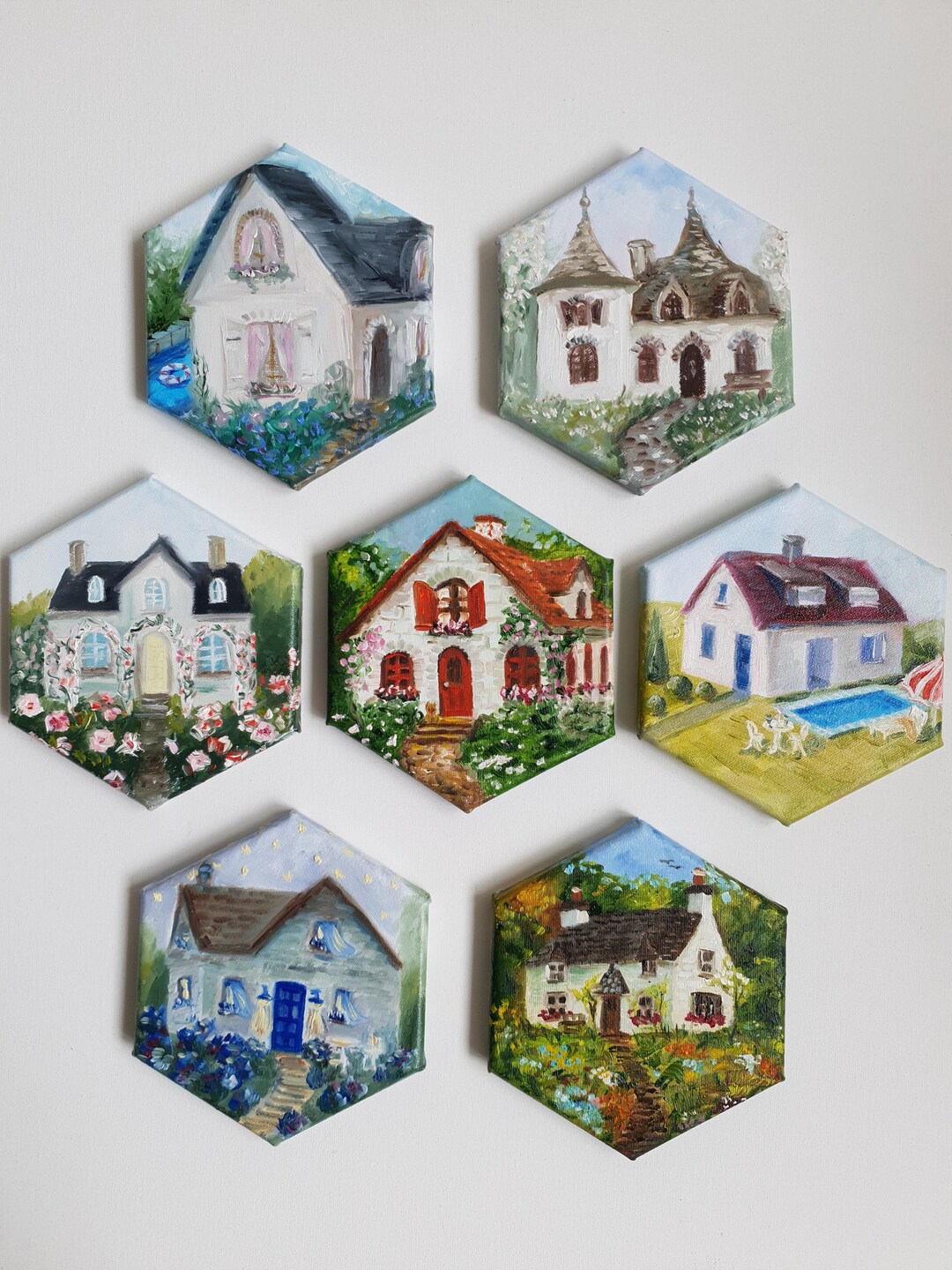 Mini Cottage Painting – Original Oil Painting - Hexagon Oil Art on ...