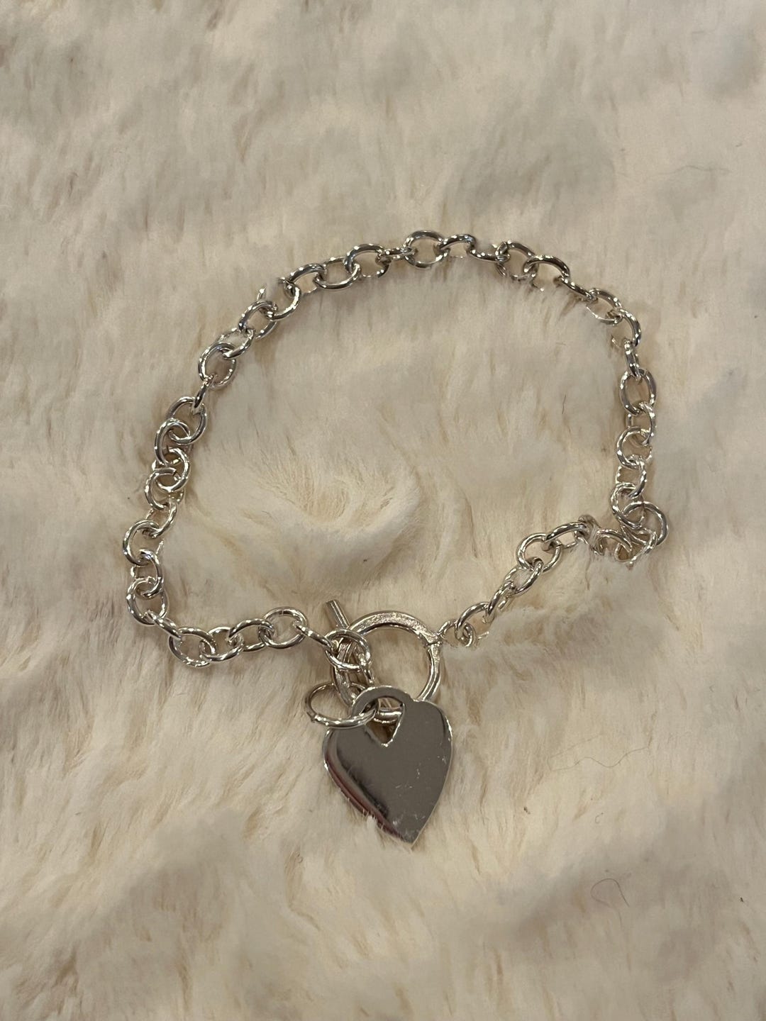 Vintage Sterling Large Loop Chain Bracelet With Heart Charm & Toggle ...