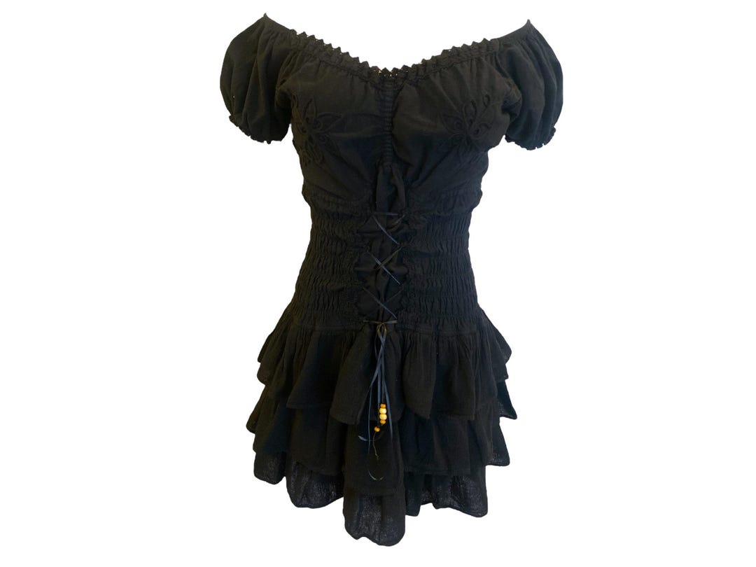 Black Ruffle Mini Dress Floral Embroidered Mini Dress Cinched Lace up ...