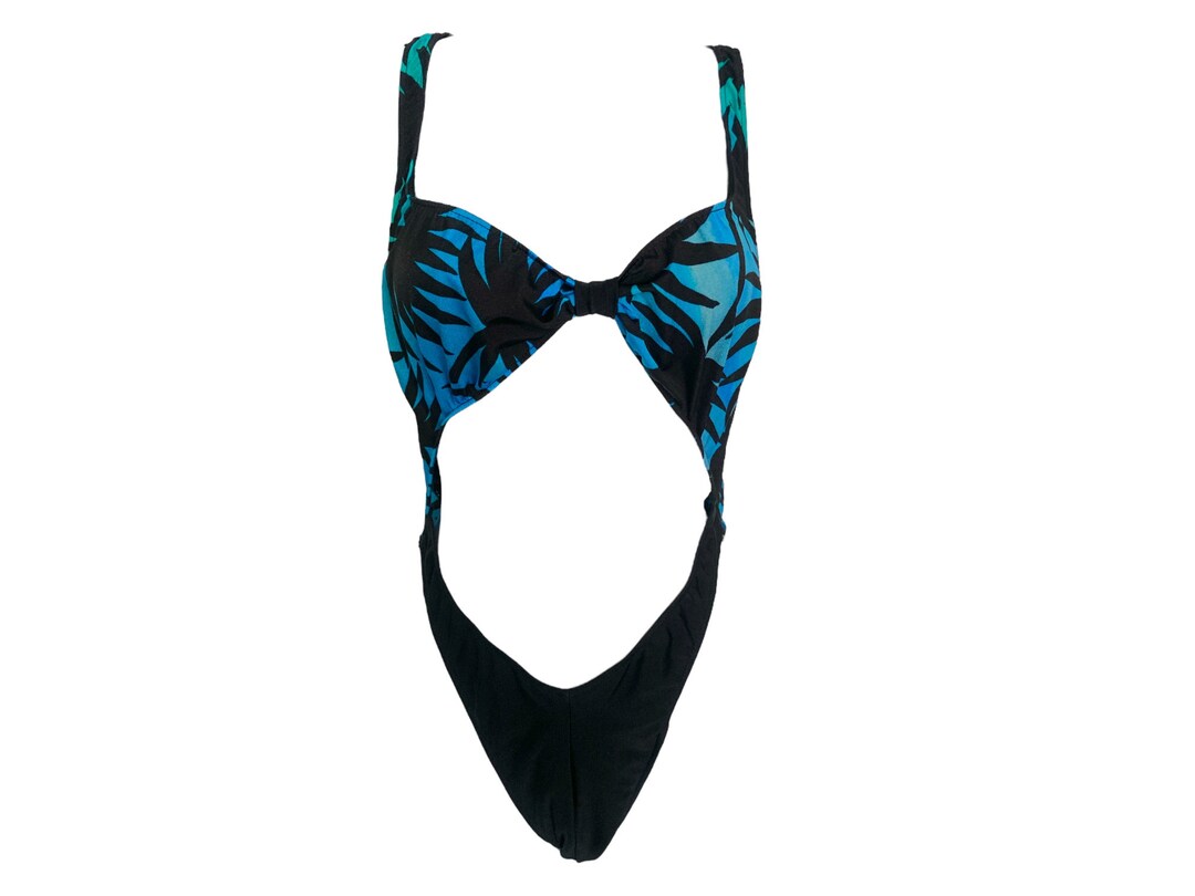 80's Swimsuit One Piece Bathing Suit Blue Black 80s Cut OUT Bathing ...