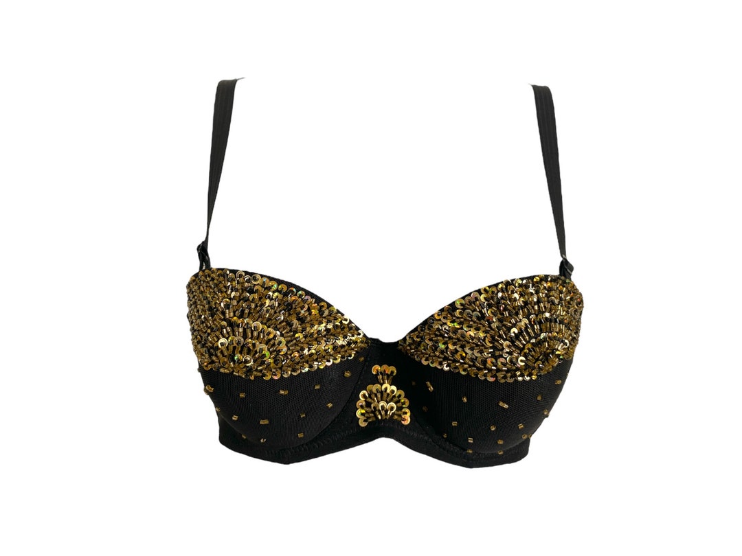 90's Beaded Sequin Bra Top Bra Festival Bohemian Bra Top Black Gold ...