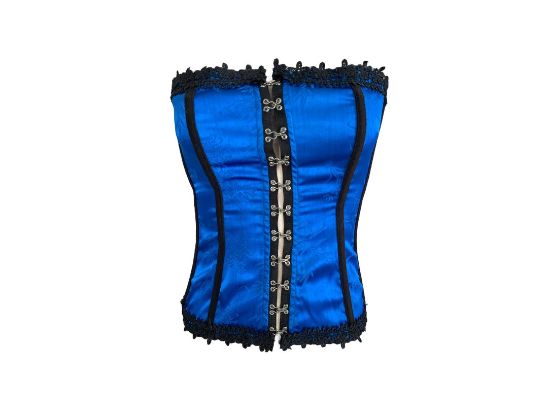 90's Blue Satin Corset Black Lace Corset Boned Vintage 1990s Floral ...