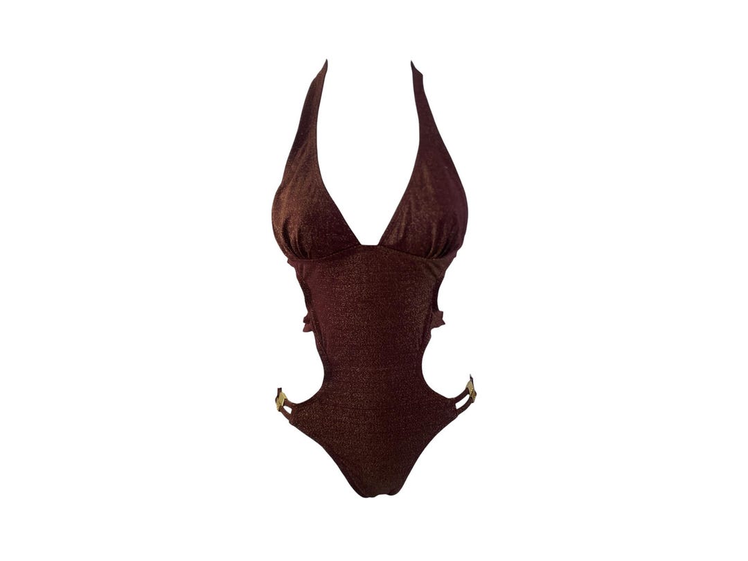 Brown Gold Y2K One Piece Swimsuit Monokini Backless V Neck Low Waisted ...