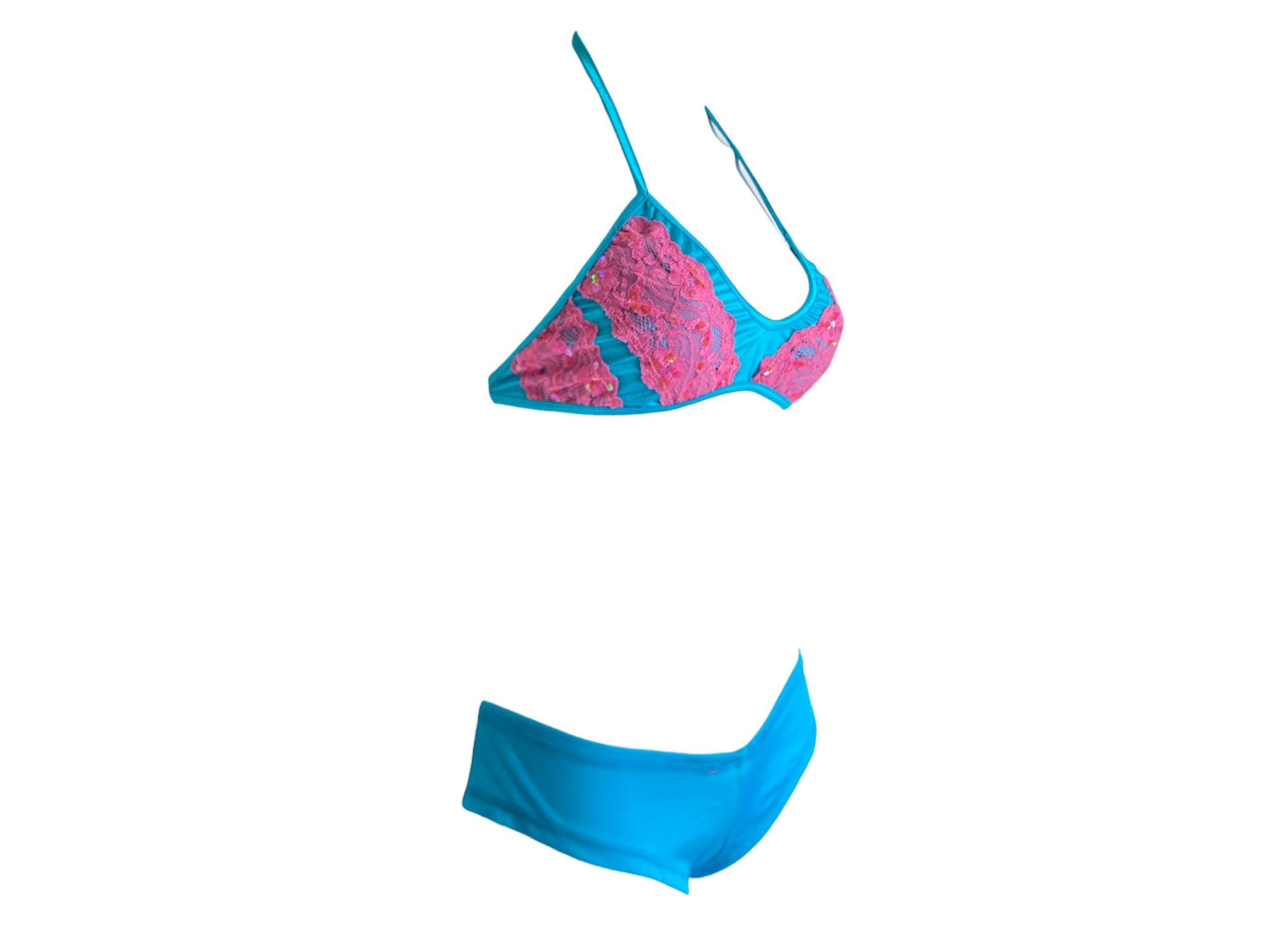 Y2K Lace Bikini Blue Pink Lace Swimsuit Short Set Vintage Dancewear ...