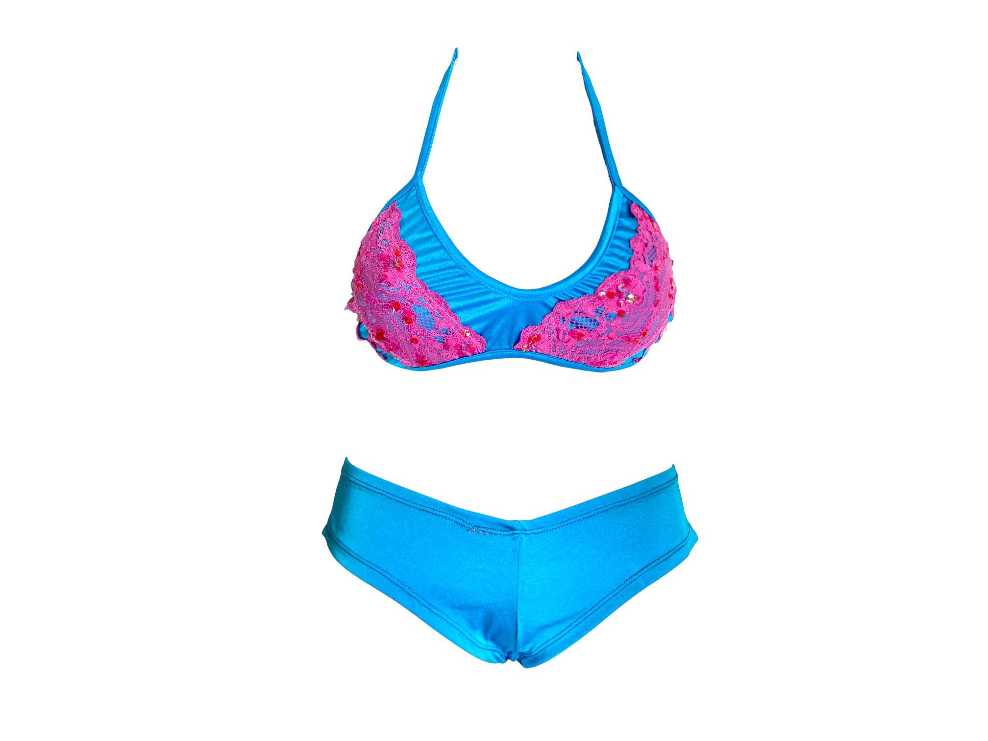 Y2K Lace Bikini Blue Pink Lace Swimsuit Short Set Vintage Dancewear ...