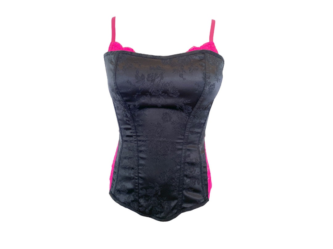 90's Corset Top Bustier 00's Black Pink Bustier Floral Satin Bodycon ...