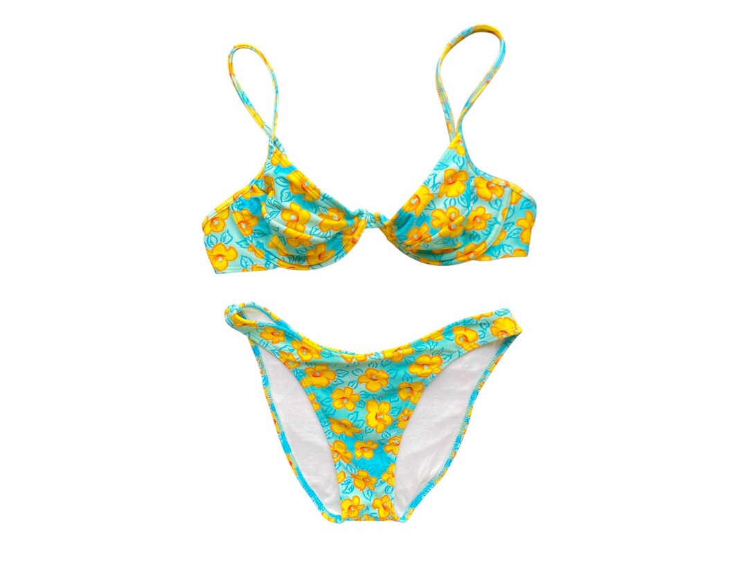 90's Floral Bikini Two Piece Set 90s YELLOW Blue Bathing Suit High ...