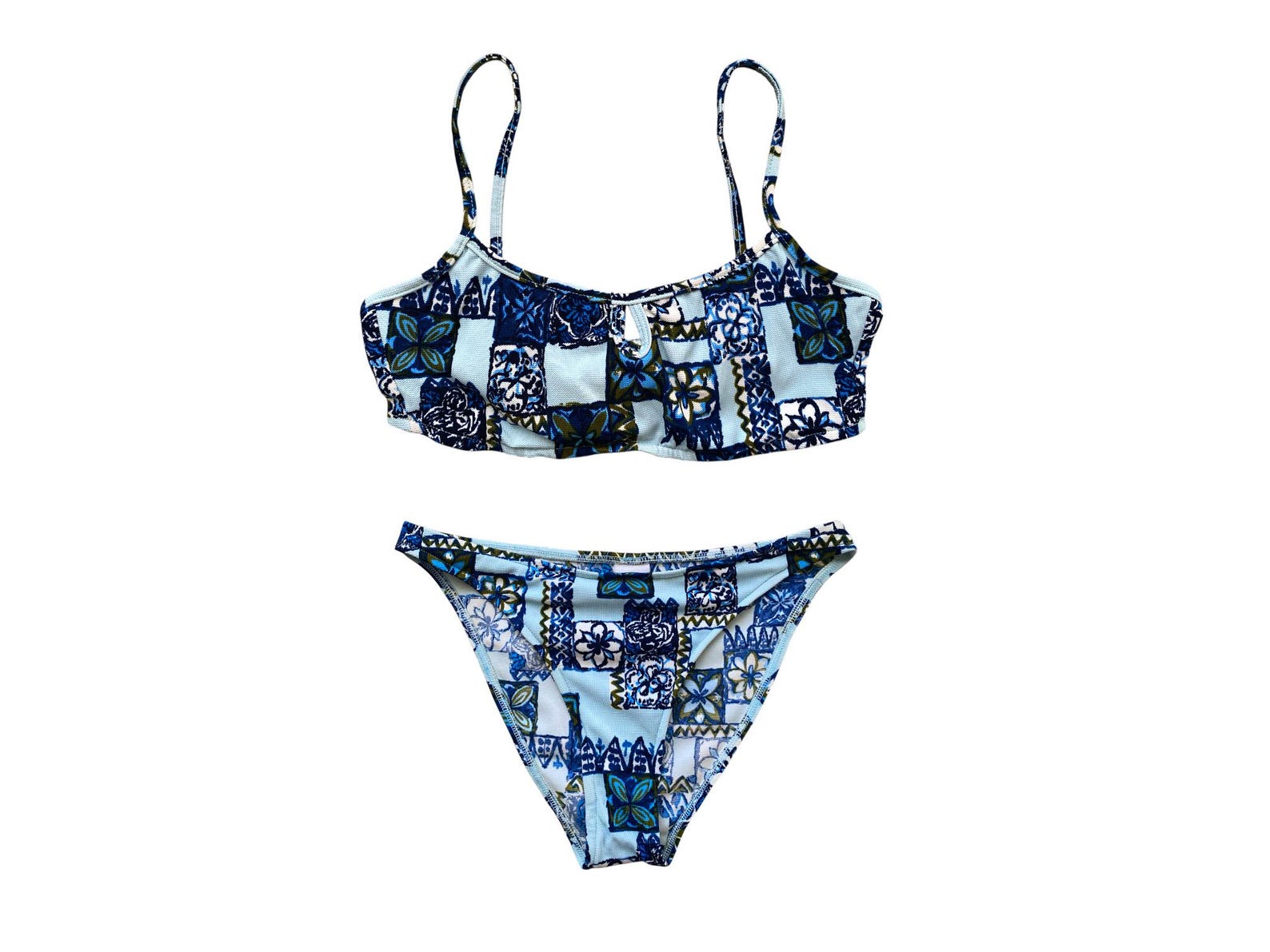 90's Floral Bikini Two Piece Set BLUE Patchwork Bathing Suit High ...