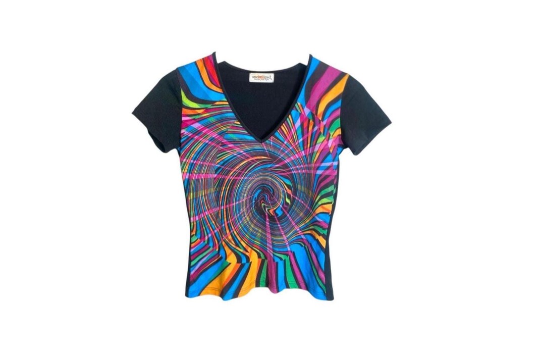 90's Op Art Blouse Y2K Top 2000's Black V Neckline Grunge Cap Sleeve ...