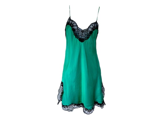 Green Silk Slip Dress Mini Dress Spaghetti Strap Eme… - Gem