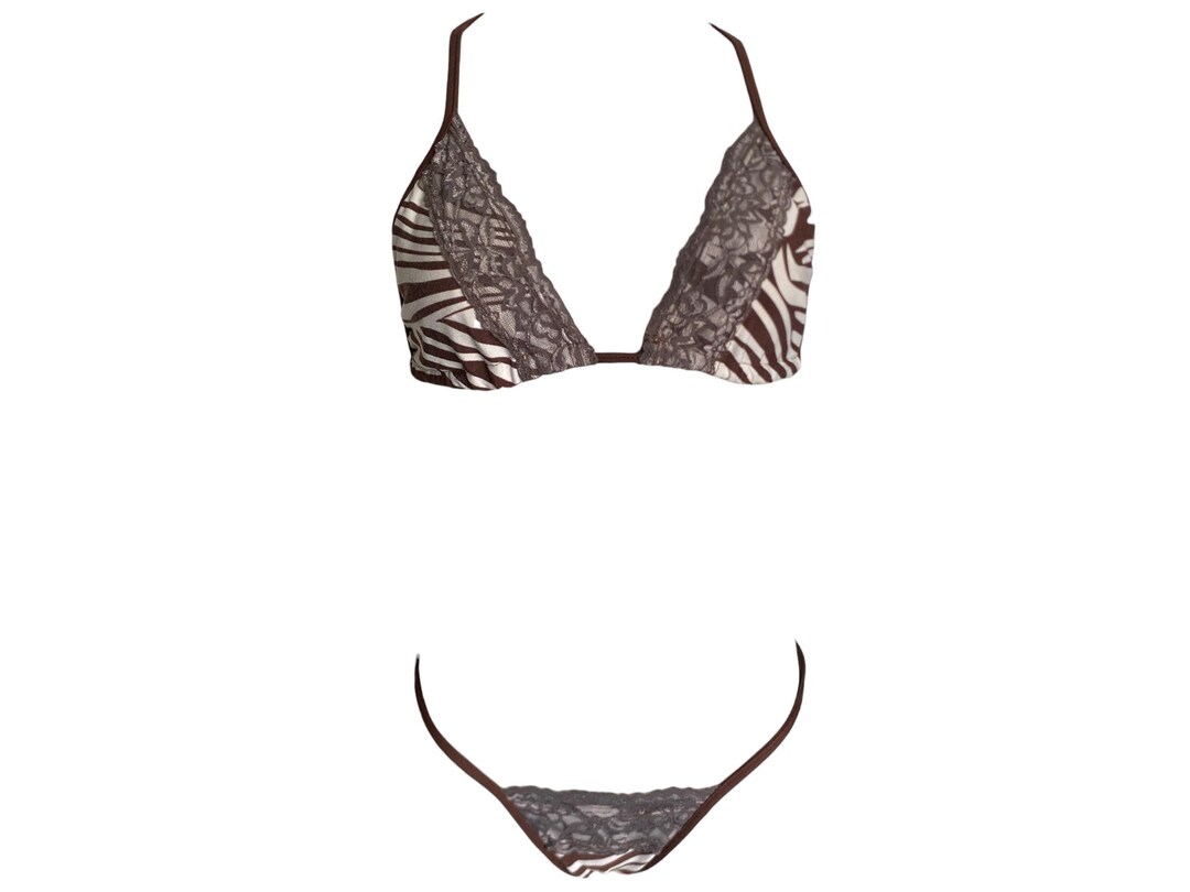 Y2K Thong Bikini Brown Lace Animal Pattern G String Swimsuit Vintage ...