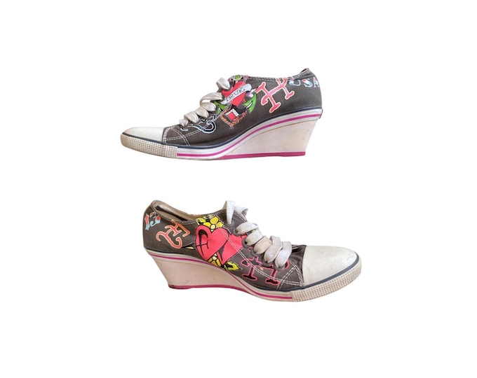 Y2k Ed Hardy Wedge Sneaker Black Red Blue True Heart Lace up Sneaker ...