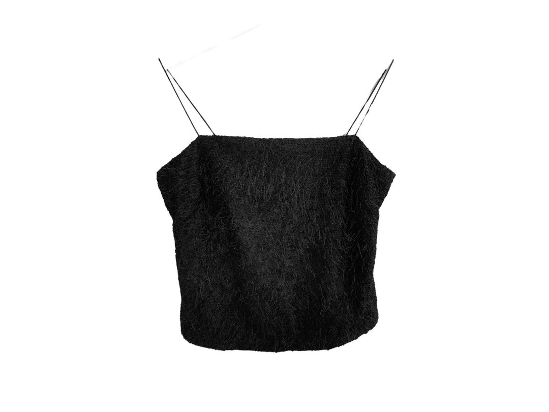 90's Black Fuzzy Tank Top Crop Top Grunge Y2K Vintage Fluffy Shaggy 00 ...