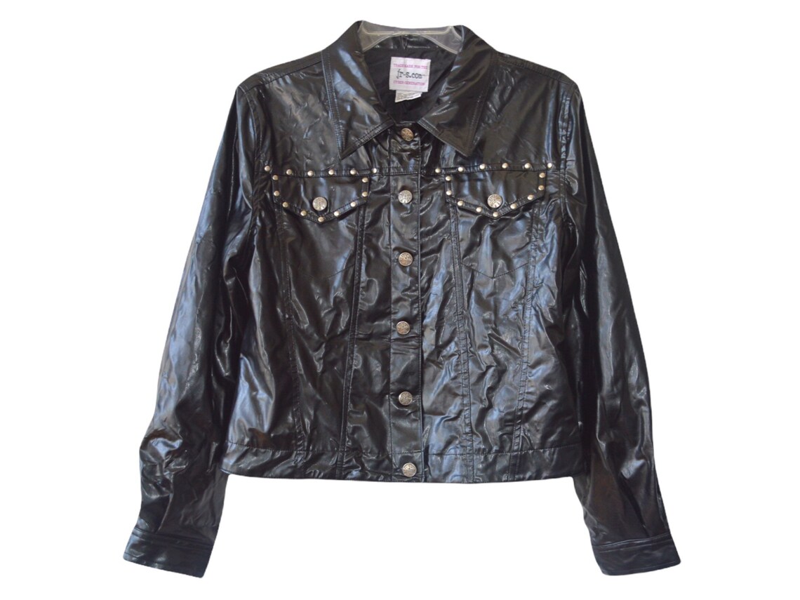90's PVC Jacket Coat 90s Black Wetlook Studded Grunge | Etsy