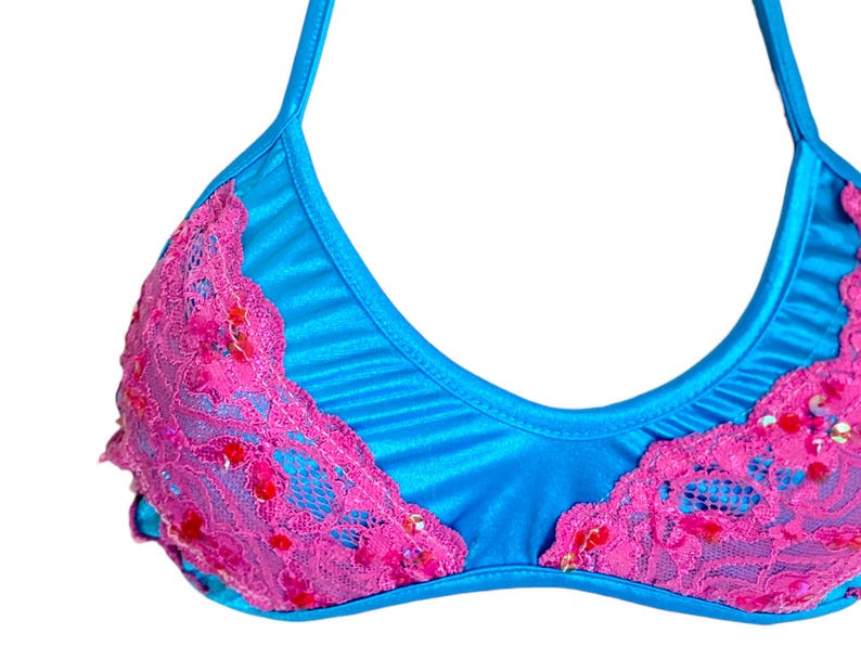 Y2K Lace Bikini Blue Pink Lace Swimsuit Short Set Vintage Dancewear ...