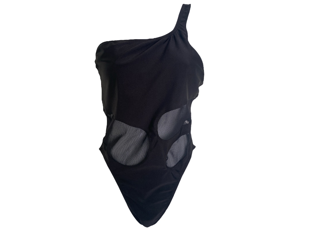 Black Mesh Bathing Suit 1990s One Piece Swim Suit Black Fishnet One ...