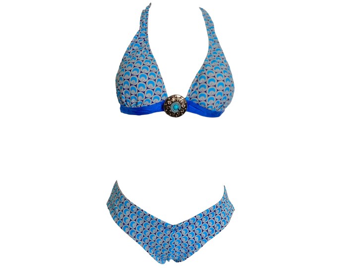 Y2K Bikini Two Piece Swimsuit 2000's Blue White Halter Bathing Suit Set ...