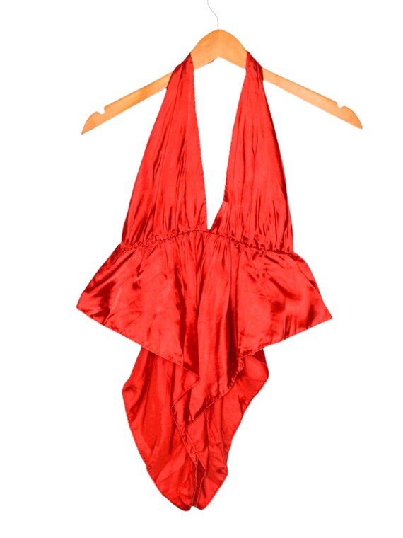 80's Satin Bodysuit Red Satin Plunging Neckline 80's … - Gem